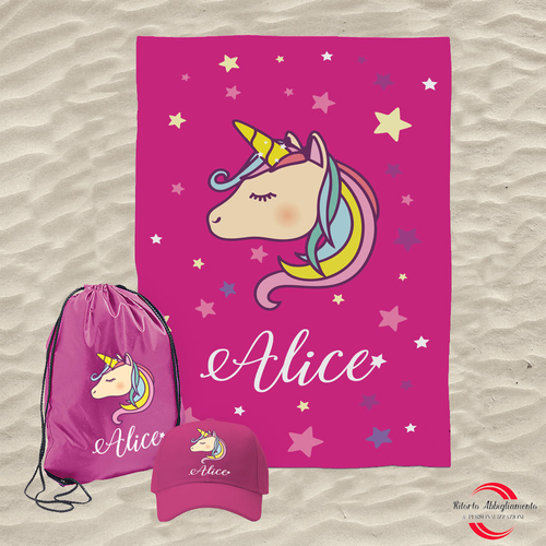 Kit telo mare, cappellino e sacca "UNICORNO" con nome | Emporio Print ...