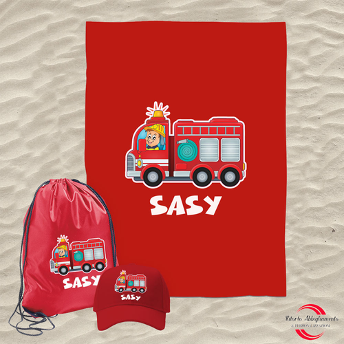 Kit telo mare, cappellino e sacca "POMPIERE" con nome | Emporio Print ...