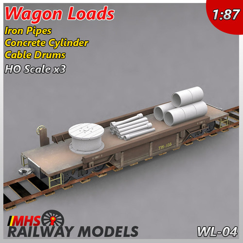 Ho Scale Wagon Loads, Iron Pipes, Concrete Cylinder, Cable Drums x3 for ...