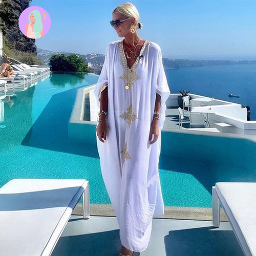 Pristine Joy Gold Embroidered V-neck White Dress | Gena Moon