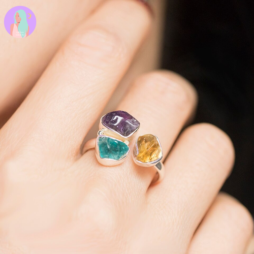 Handmade Rough Stone Ring Natural Amethyst Citrine Apatite 925 Sterling ...