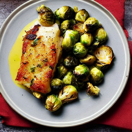 Baked cod with a garlic butter sauce, served with roasted Brussels sprouts