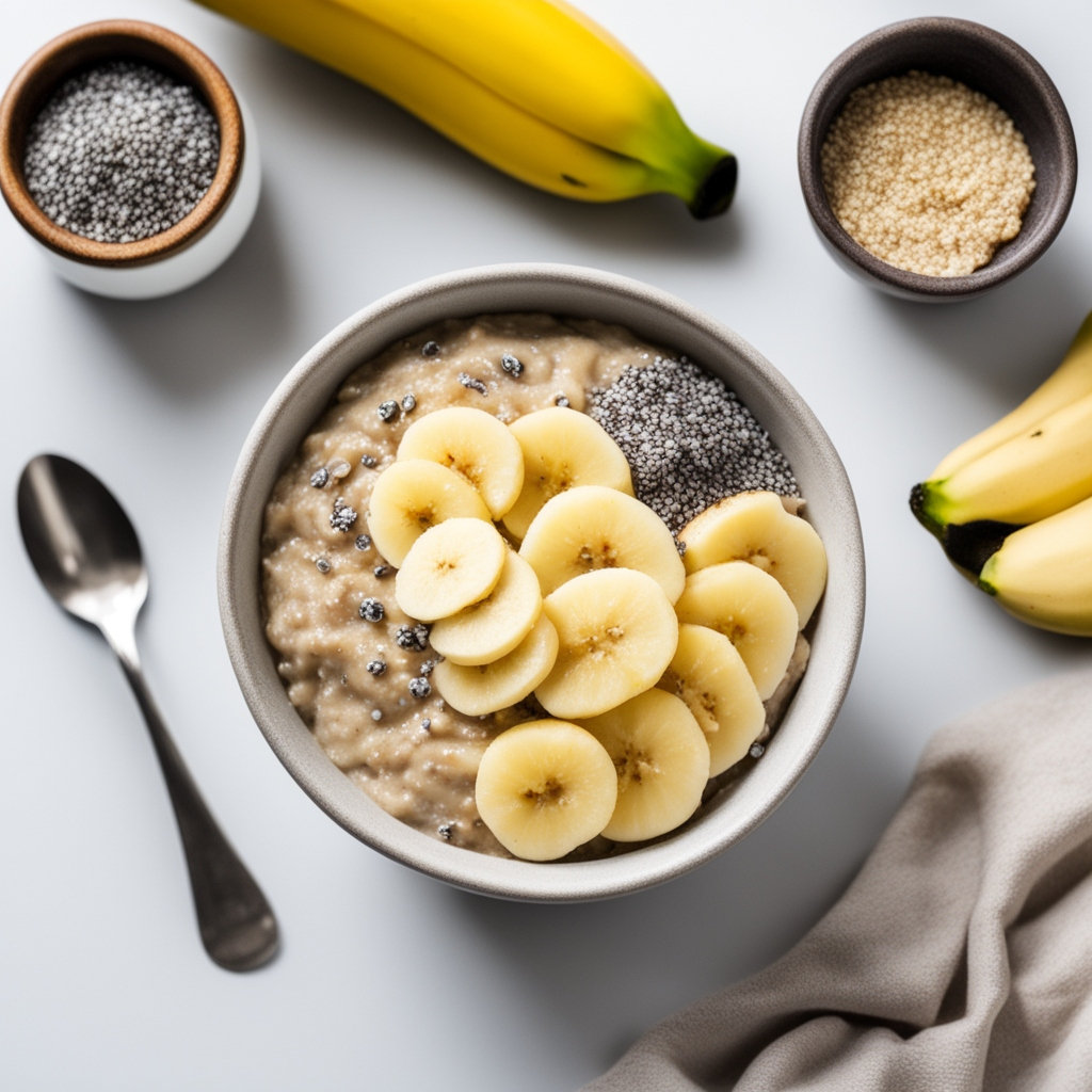 Oatmeal topped with sliced banana and a sprinkle of chia seeds