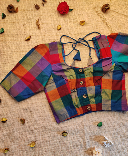 Madras Checks Front Open Multi-Colour Puff Sleeve Blouse | Studio Aambal