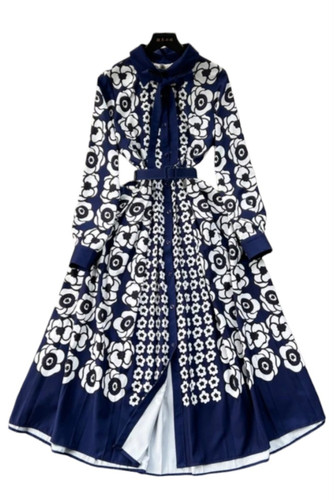 Women's Floral Print Dress Long Sleeve Vintage Office Pleated Midi ...