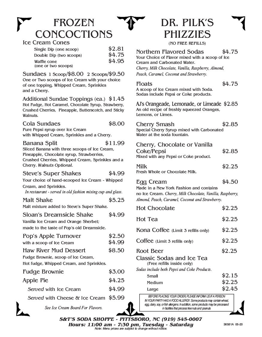 Menu | S&T's Soda Shoppe