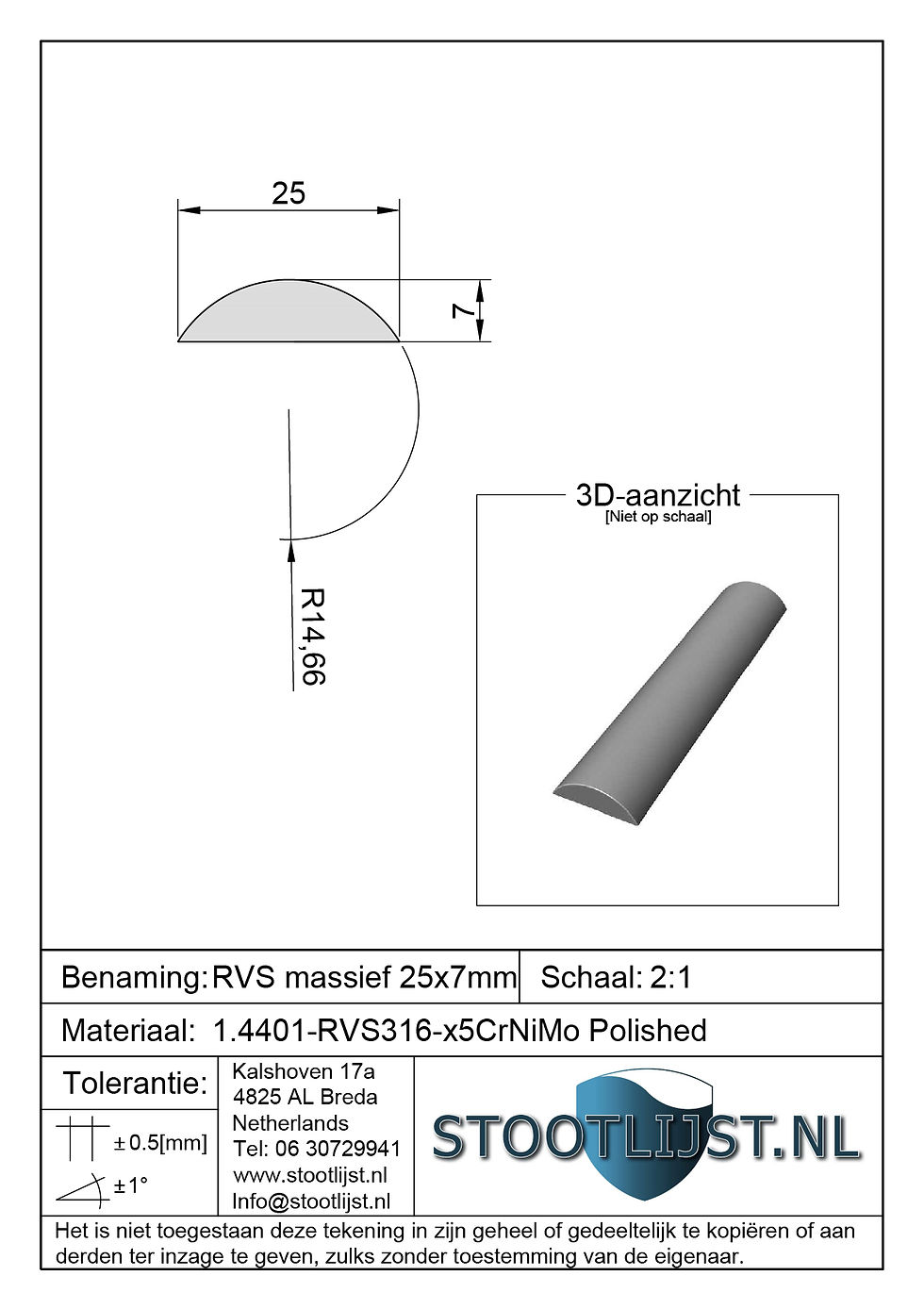 Stootlijst RVS halfrond massief