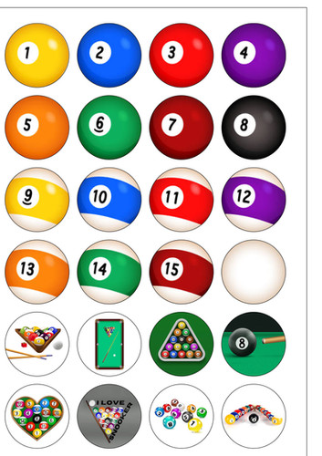 24 Pre-Cut Pool Balls Snooker Themed Edible Wafer Paper Cake Toppers ...
