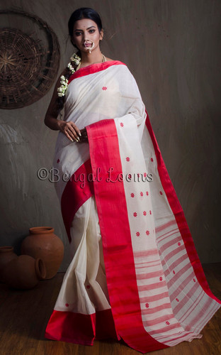 Bengali Red and White Handloom Cotton Saree | Bengal Looms