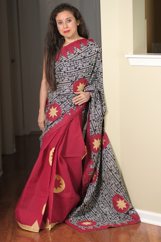 Script Printed Cotton Applic Boutique Saree in Black, Red and Yellow ...