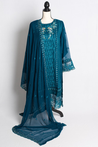 Blue Chiffon Pakistani Salwar Kameez Suit in Size 40 | Bengal Looms