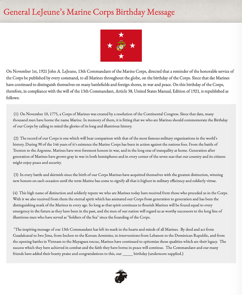 General John A. Lejeune's Birthday Message