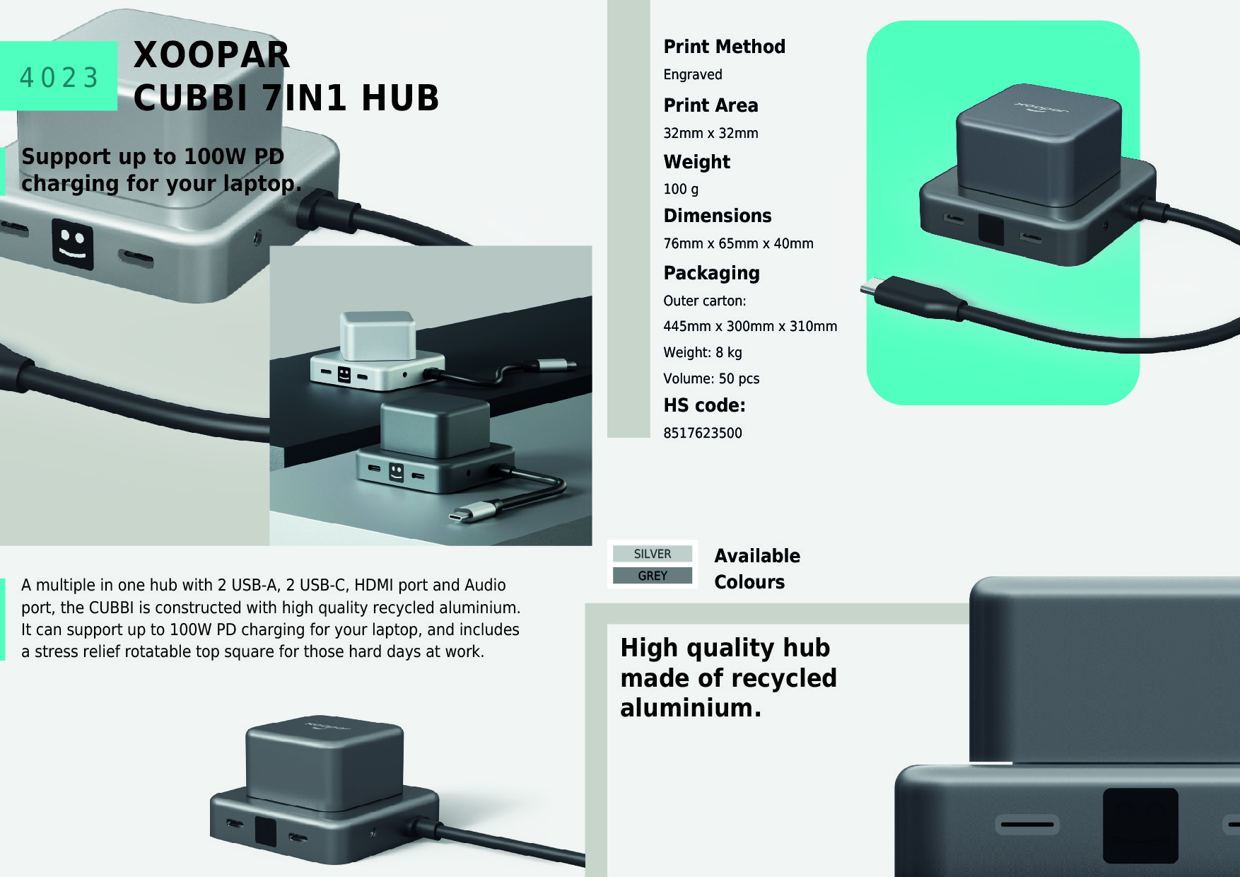 4023 | Xoopar CUBBI 7-in-1 USB C hub PD 100w for Macbook/Laptop | DTI