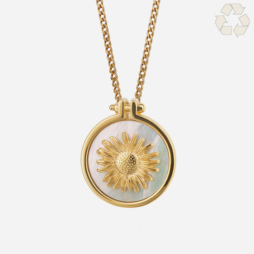 Round Sunflower Necklace with Mother of Pearl Inlay and Yellow Gold ...