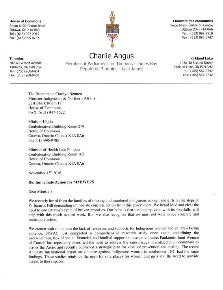 Letter to Minister Bennett on Need for Immediate Action for MMIWG2S