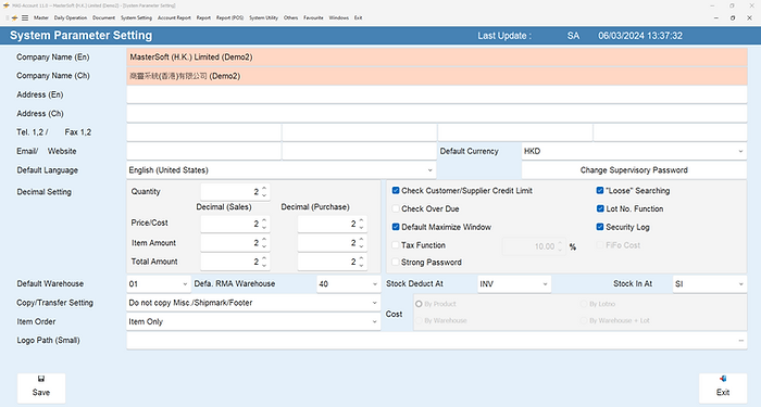 System Parameter Setting | Mastersoft docs