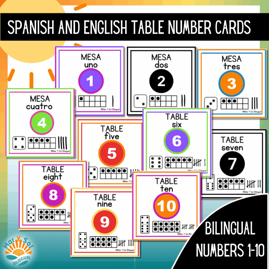 Spanish and English Table Number Cards Labels 1-10 | Mar Y Sol Bilingual