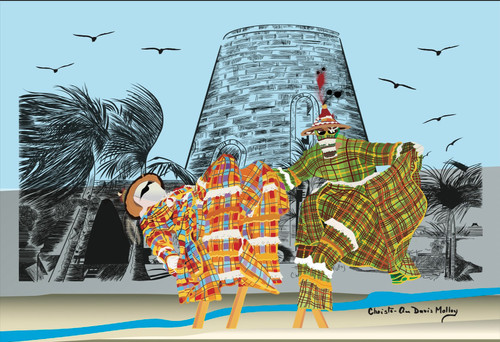 Black & White windmill w Moko Jumbies Postcard | Christa's Art