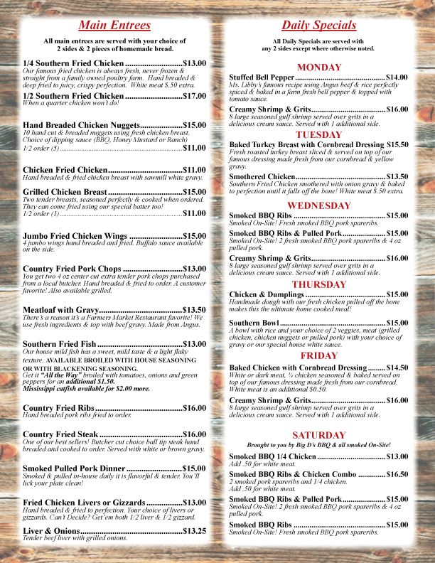 Main Entrees and Daily Specials | FMR