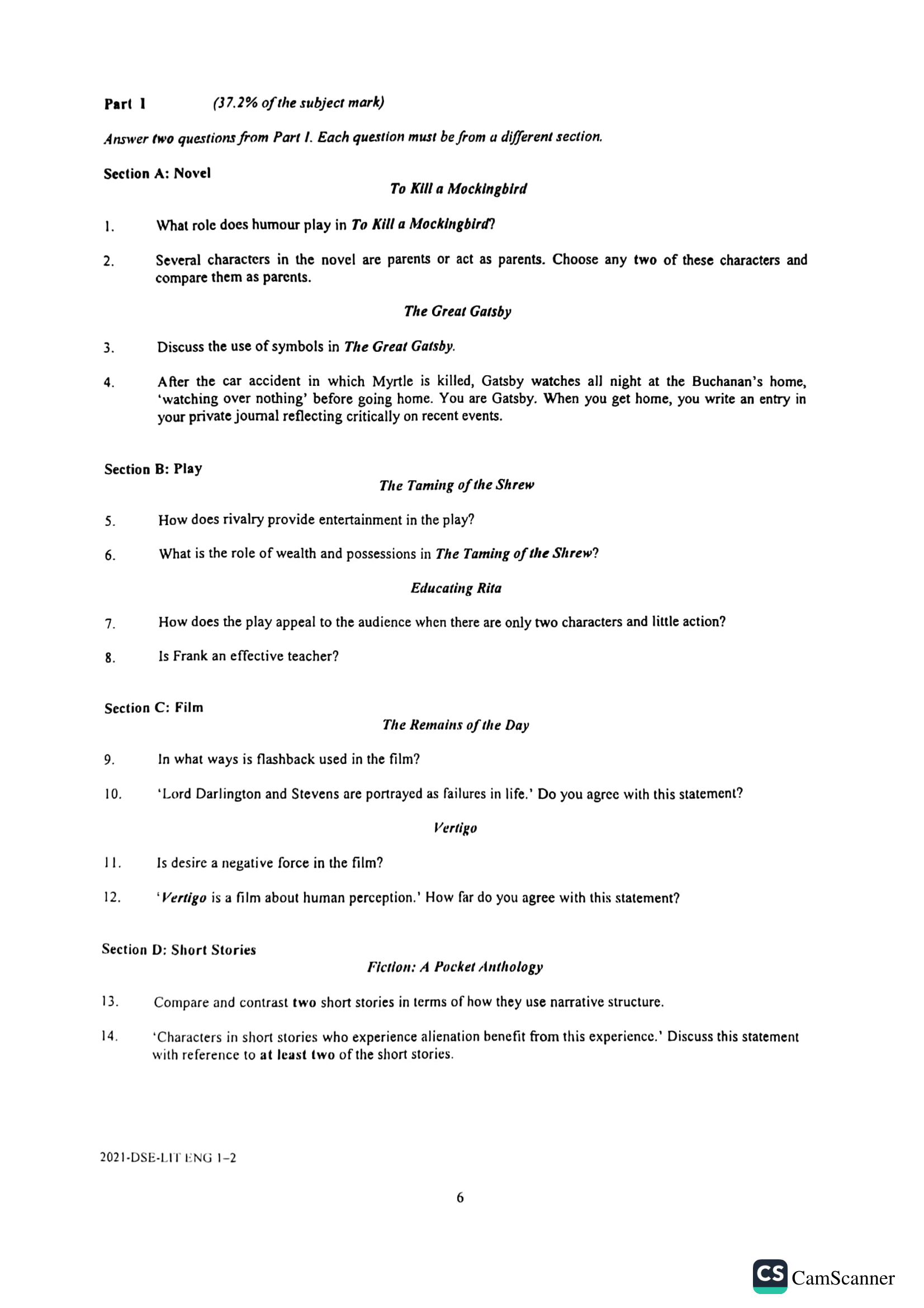 QUESTION PAPERS (2021 DSE LIT IN ENG)