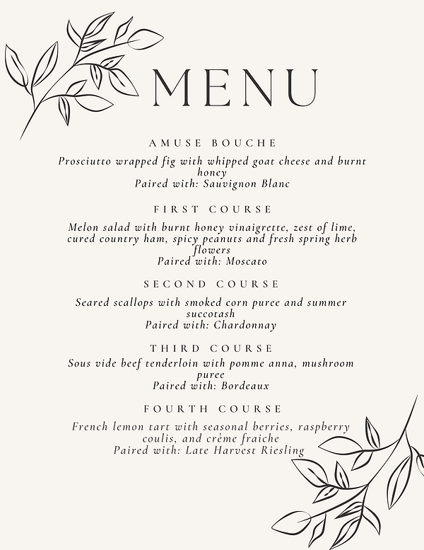 Sample Personal Chef Experience Menu | Anita & Joe