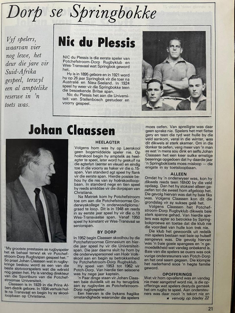 History of Potchefstroom Dorp Rugbyklub: The Springboks Who Wore the ...