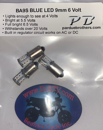 1EA NEW BA9S BLUE LED 9MM 6 VOLT (338P) | DrATV Inc.