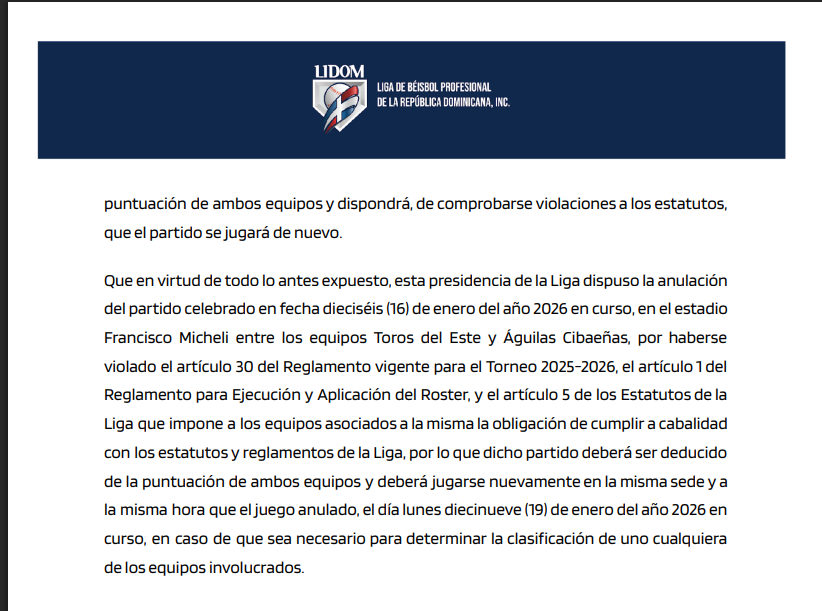 ¡Anulado! Lidom anula el partido bajo protesta del viernes 16 entre ...