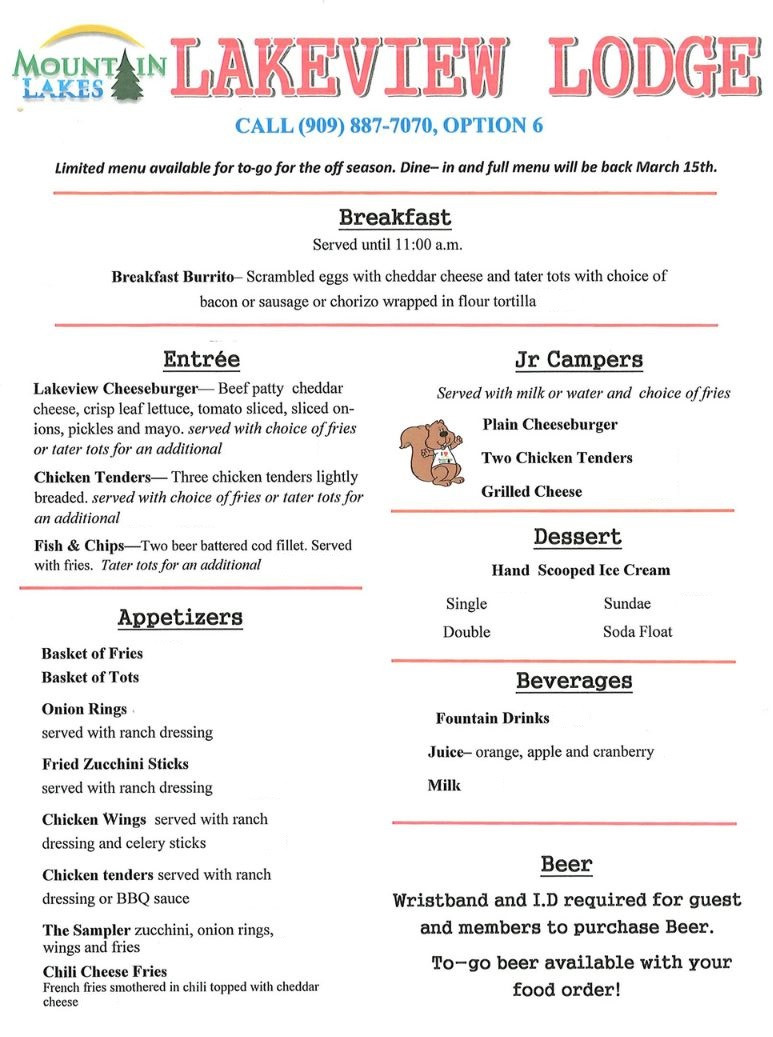 Lakeview Lodge Menu | mountainlakes