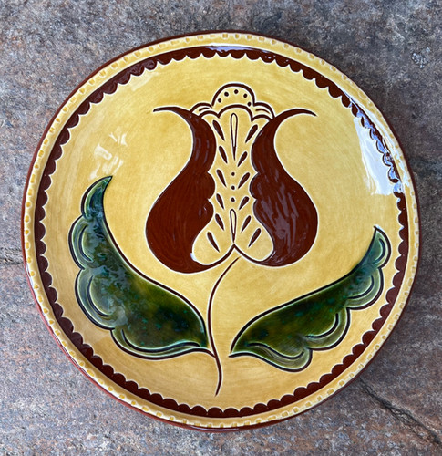 A Big Tulip with Green Leaves - 7 inch Dish - Pennsylvania Redware ...