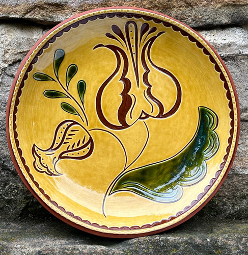 A Big Tulip and Big Green Leaf Dish - Pennsylvania German Redware - 10 ...