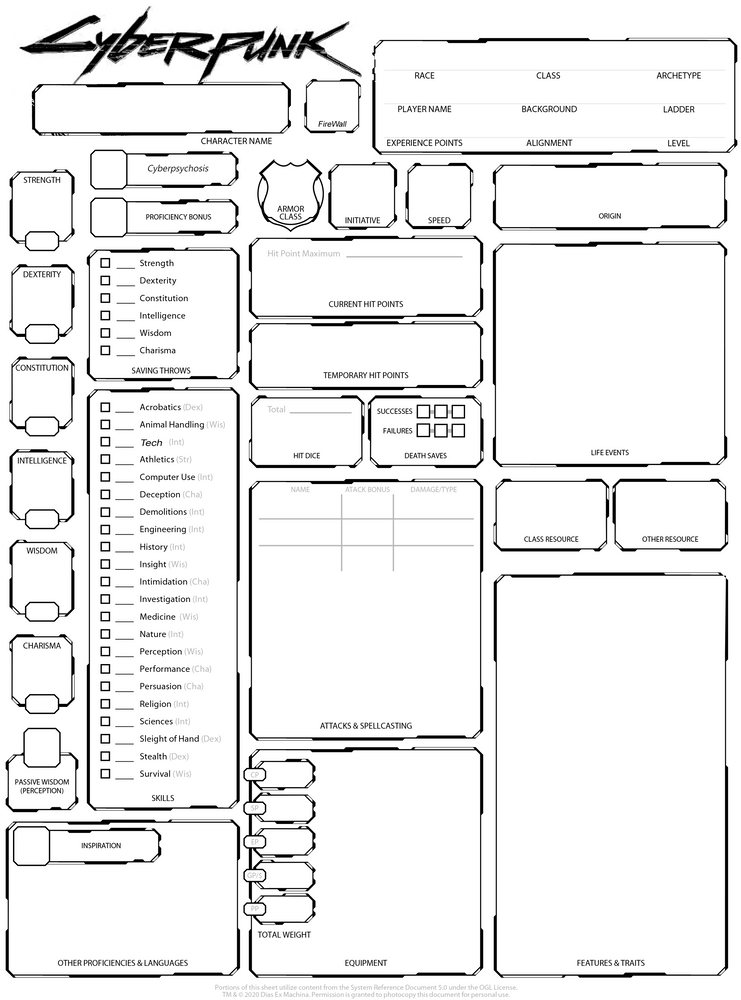 Cyberpunk Character Sheet | Ultramodern 5e / Dungeons & Dragons 5e