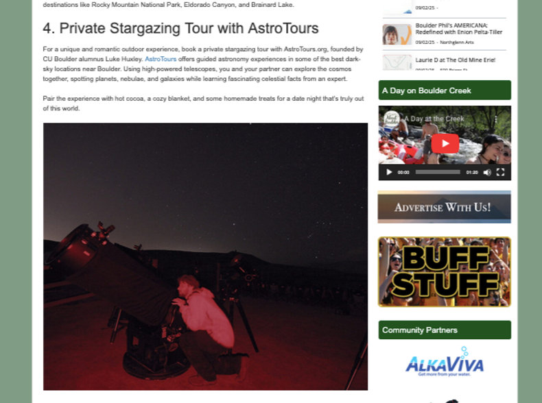 AstroTours.org Named One of Boulder’s Best Valentine’s Gifts for Outdoor Lovers