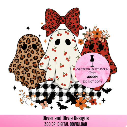 Leopard Print Ghosts PNG | Cherry Halloween Trio with Bow & Plaid ...