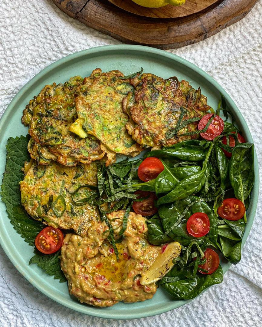 Pumpkin Rosti with a Spinach Tomato Salad and Spicy Avocado Dip