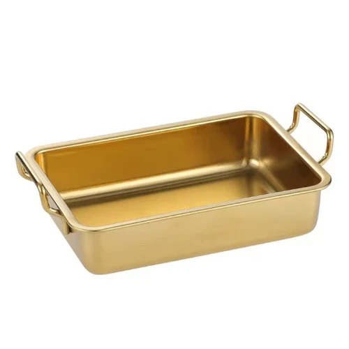 STAINLESS STEEL RECTANGULAR PLATE WITH HANDLE (GOLD) | HNJ FOOD SUPPLY