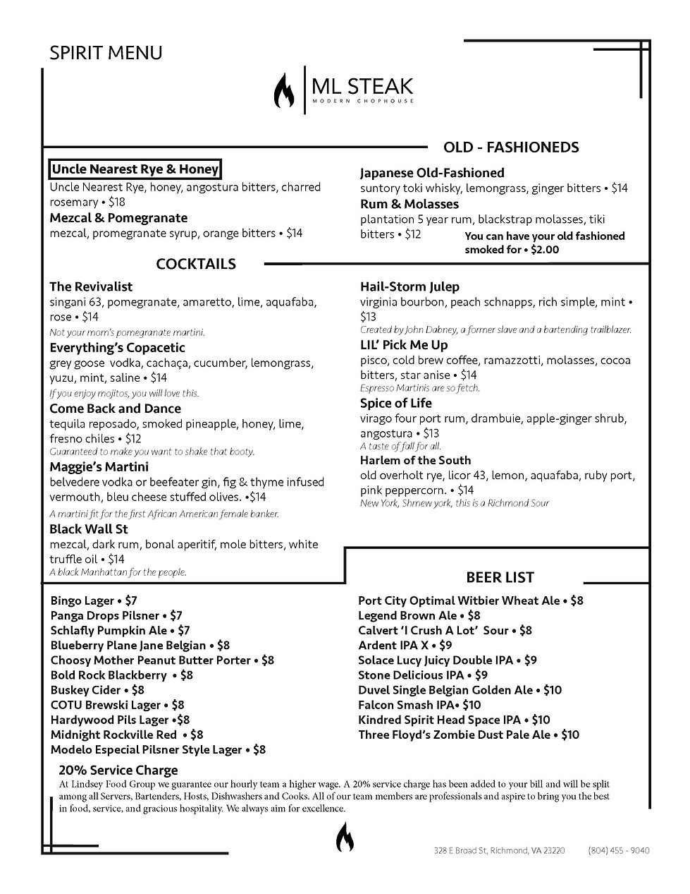 Menu | ML Steak | Richmond