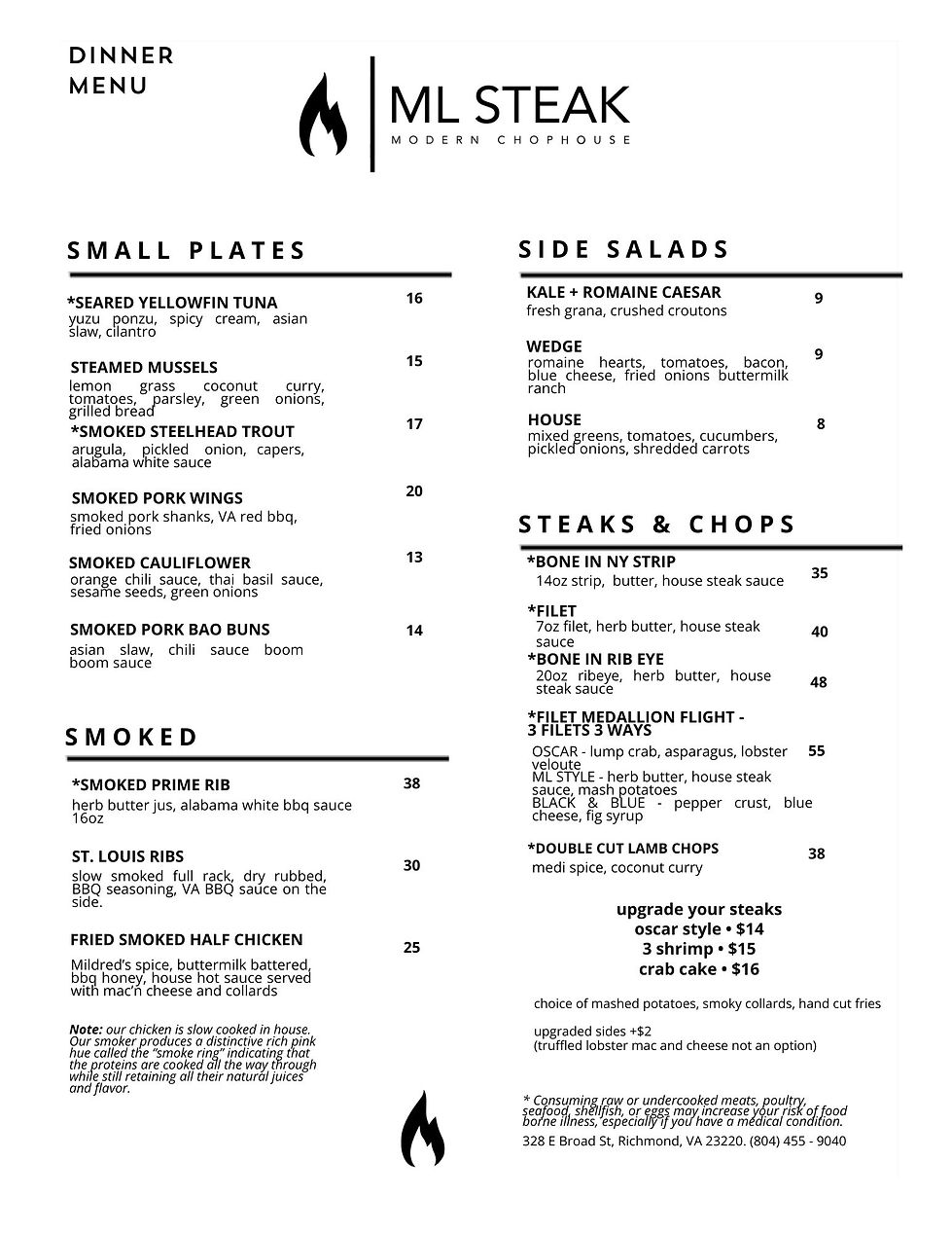 Menu | ML Steak | Richmond