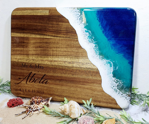 Custom engraved timber and resin Ocean serving board | Barking Mad Builds
