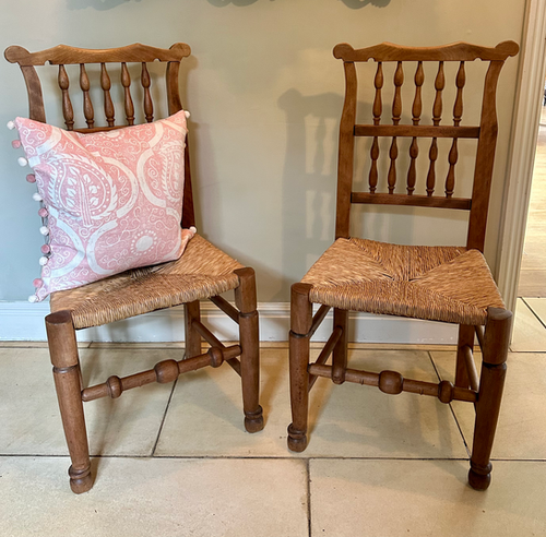 Pair of satin birch spindle back chairs with rush seats | Tom's Room Shop