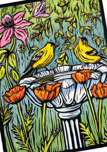 Goldfinches and Birdbath Happy Birthday Notecard by Molly Hashimoto ...