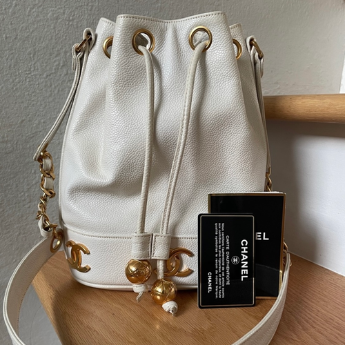 Vintage 24K Gold Triple Coco Logo Bucket Bag in White Caviar | Luxe Bag ...