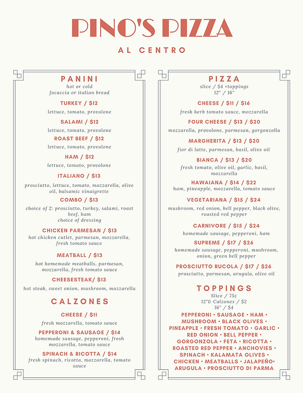 MENU | Pino's Pizza Al Centro