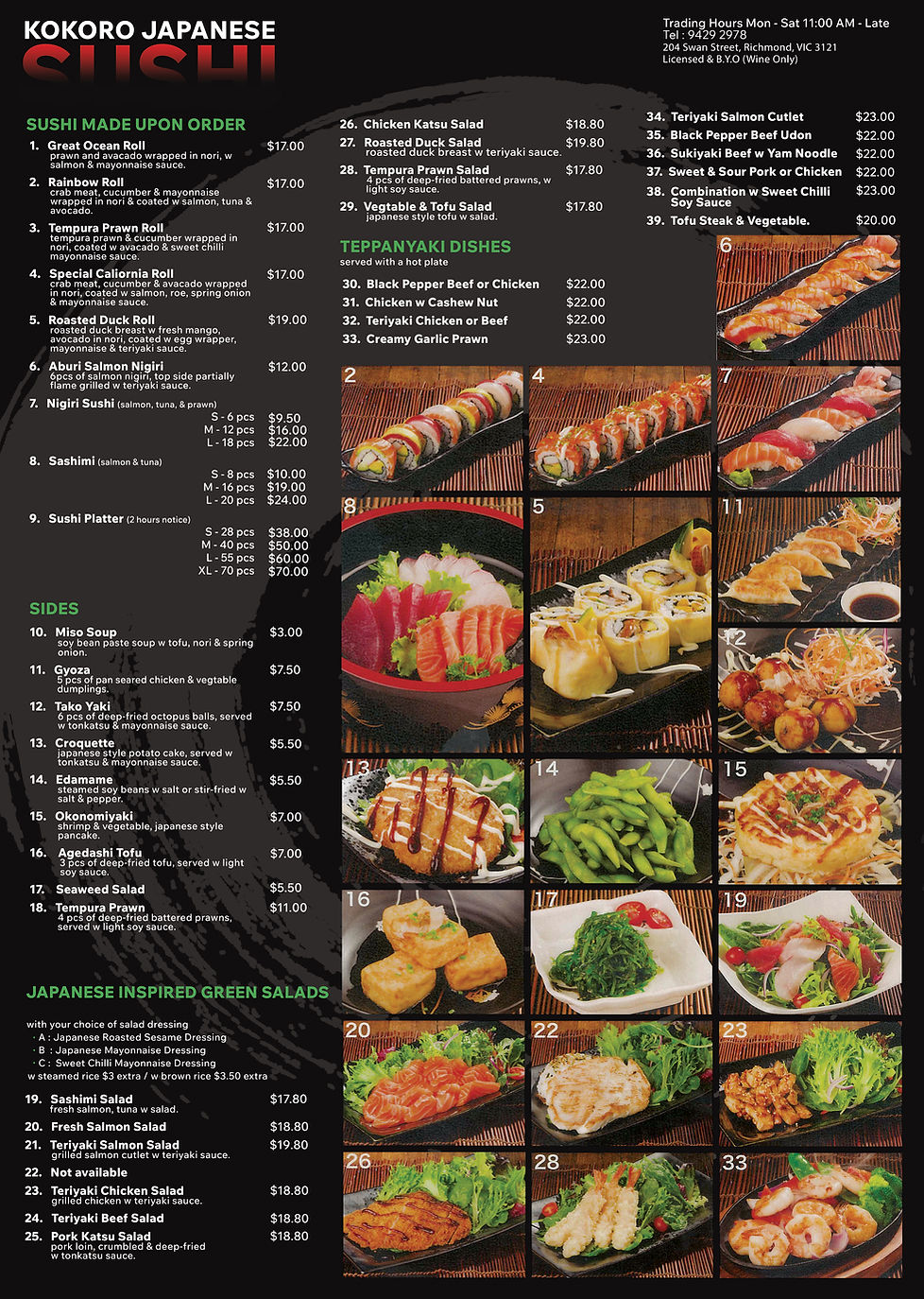 Menu | Kokoro Japanese Sushi