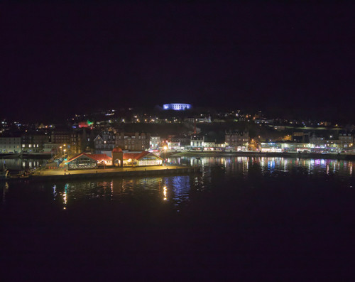 OBA0009 Oban Bay with moon North Pier, George St & McCaigs | imagine-alba
