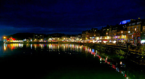 OBA0057 Oban bay, George Street, McCaigs Tower at night, Christmas ...