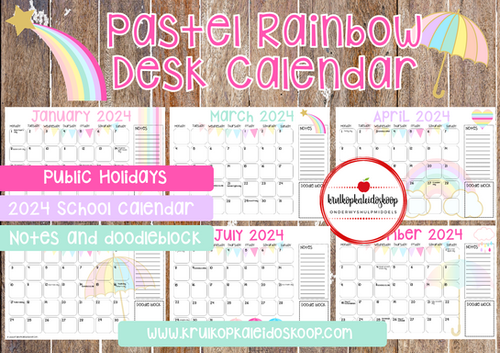 Digital 2024 Pastel rainbow desk calendar | Krulkopkaleidoskoop