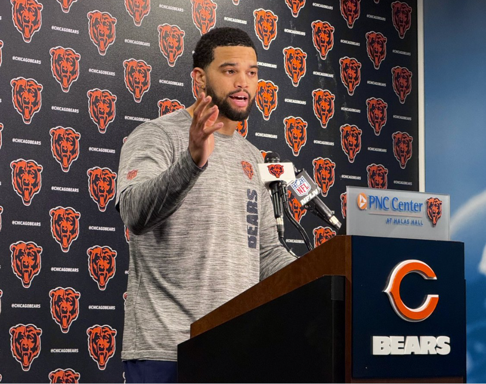 Ben Johnson, Caleb Williams show how you extinguish a fire at Halas Hall