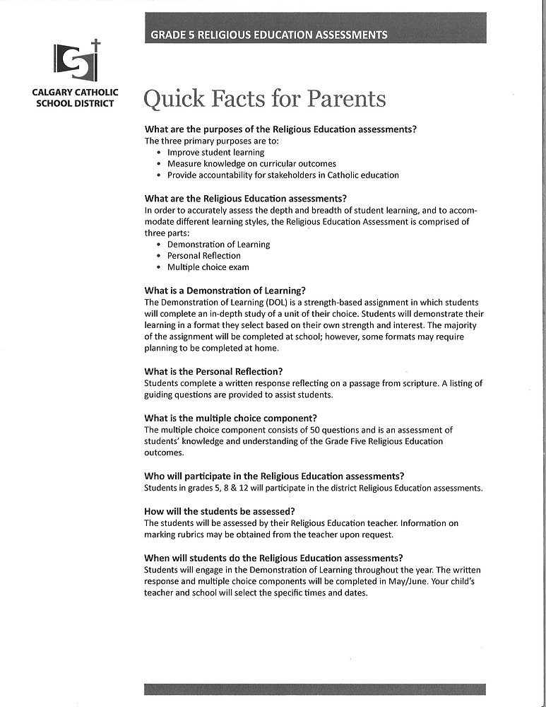 Grade 5 Religious Education Assessment