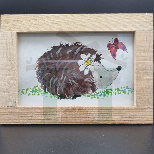 Hand-Drawn Colour Hedgehog in Wooden Frame | Hedgehog Sanctuary